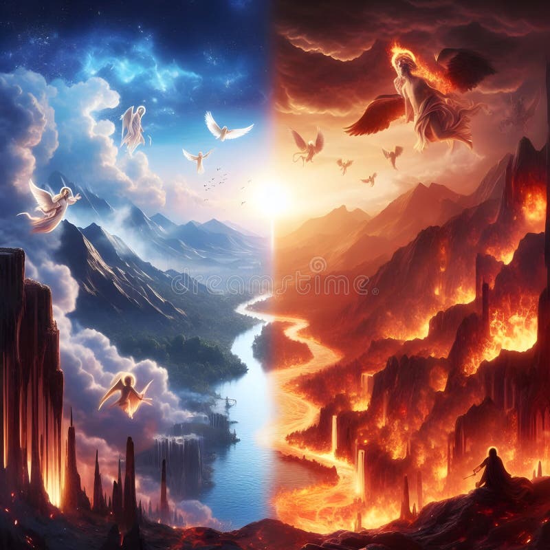 Split Image of the Heaven Verses Hell Where Heaven is Serene Landscape ...