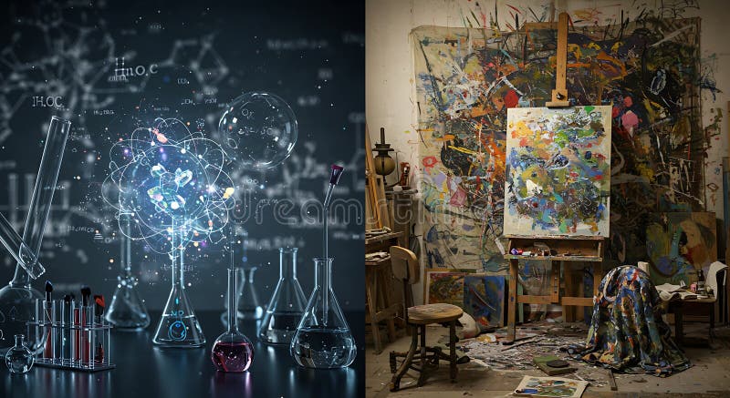 A Split Image Juxtaposes Science and Art. on the Left, a Digital ...
