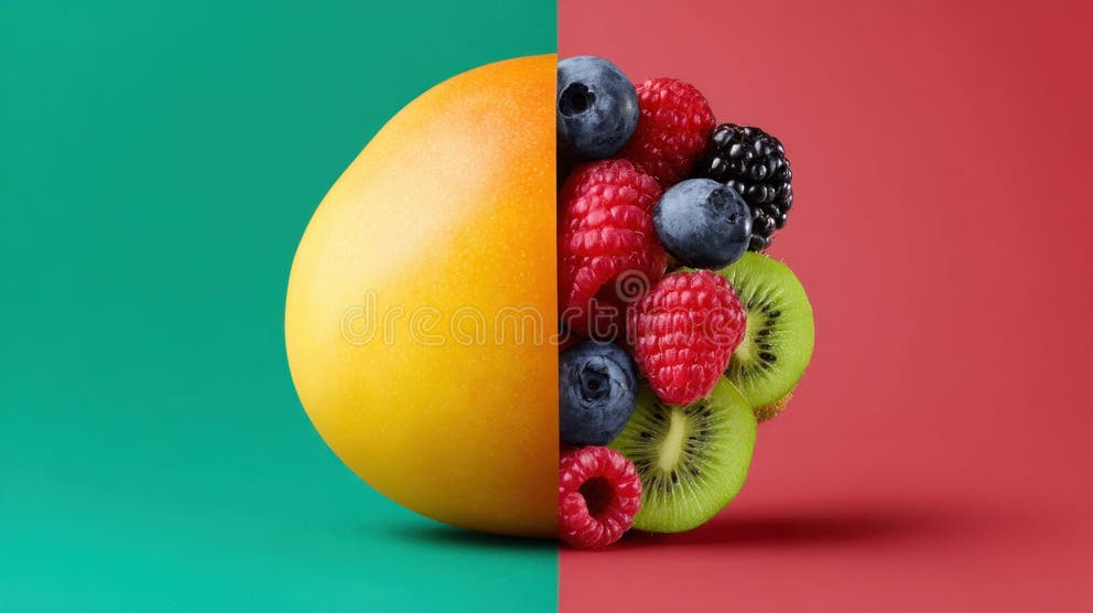 A Split Image with a Mango on the Left and Mixed Berries and Kiwi on ...