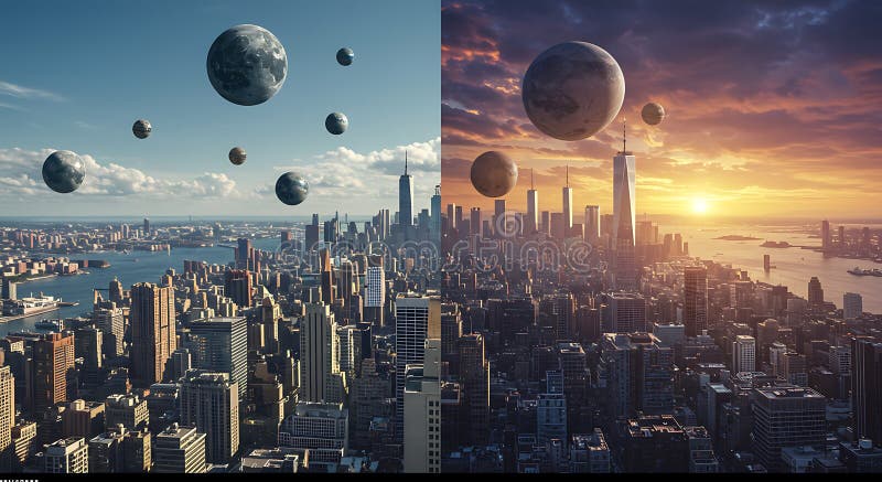 Split Image of New York City Skyline with Planetary Objects in the Sky ...