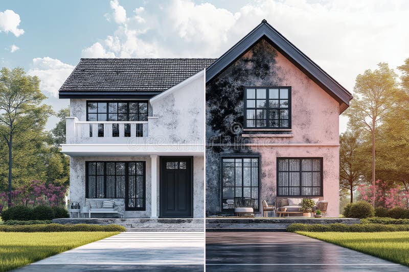 A before-and-after Split Image of an Old House Transforming into a ...