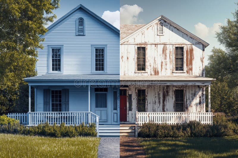 A before-and-after Split Image of an Old House Transforming into a ...