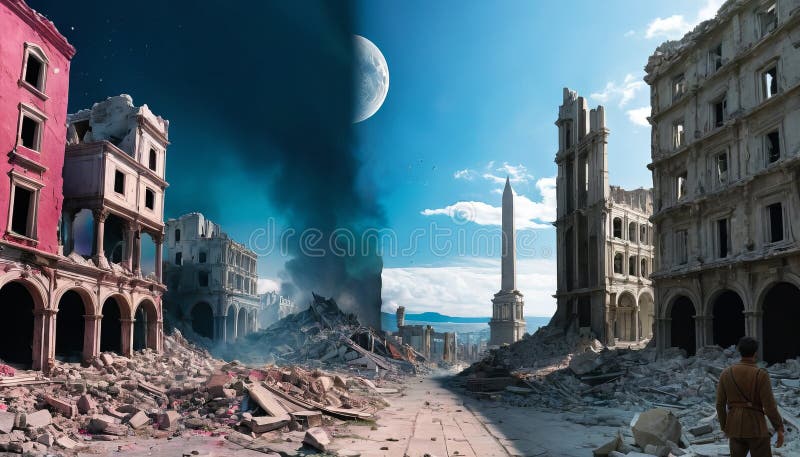 Split Image of Ruined City Under Day and Night Sky Stock Image - Image ...