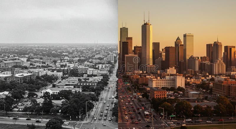 A Split Image Showcases a Cityscape Contrast. the Left Side Features a ...