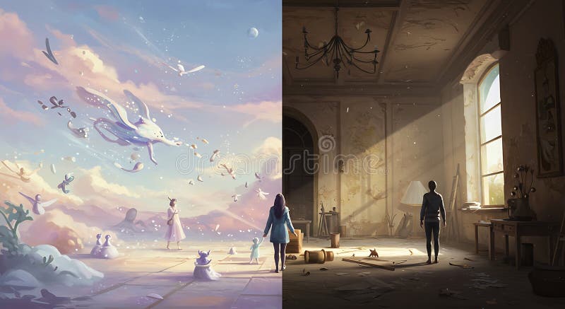 A Split Image Showcases Contrasting Scenes. the Left Side Depicts a ...