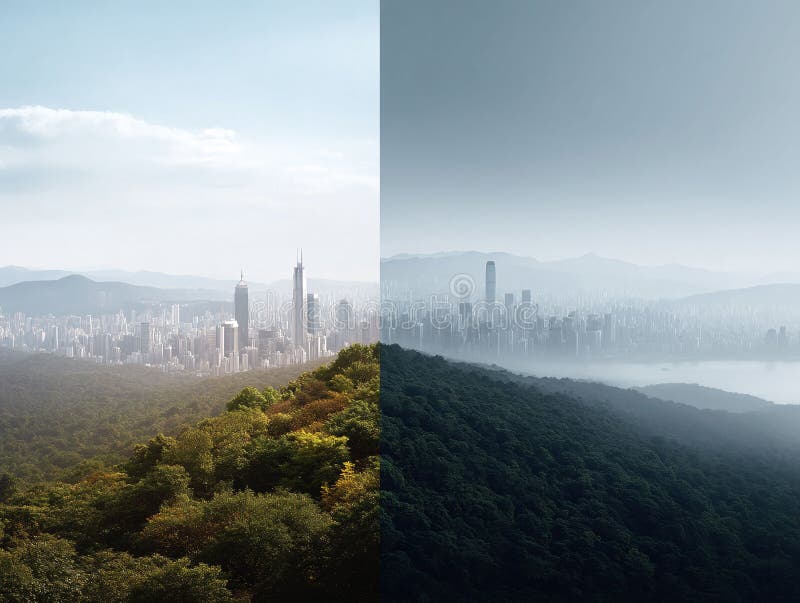 Split Image Showcasing Contrasting Sides Vibrant Cityscape Vs. Hazy ...
