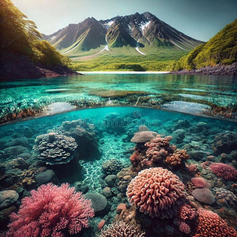 Split Image Showcasing a Vibrant Coral Reef Underwater and a Lush Green ...