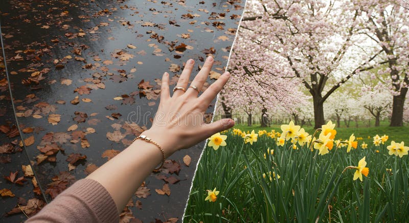 Split Image: Autumn Leaves on Water and Spring Daffodils with Cherry ...