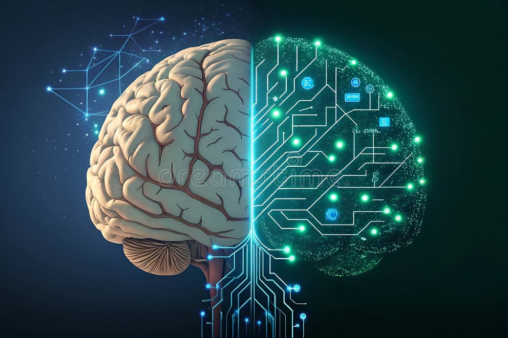 A Split Image Showing Half a Human Brain and Half a Digital Stock ...