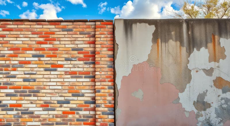 A Split Image Showing a Textured Brick Wall on the Left and a Weathered ...