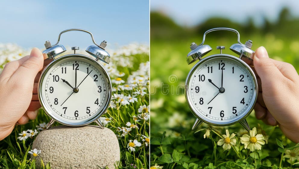 A Split Image Shows Day and Night, Featuring an Alarm Clock on a Rock ...