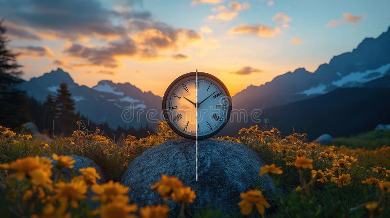 Split Image Shows Day, Night Sides of Clock Placed on Rock in Yellow ...