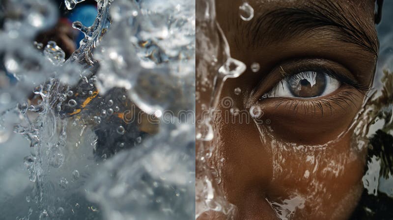 Split Image of Sparkling Water and a Close-up of an Eye with Water ...