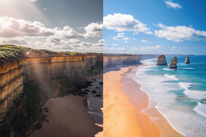 A Split Image of a Sunny Beach and a Rugged Cliff, Great for Travel or ...