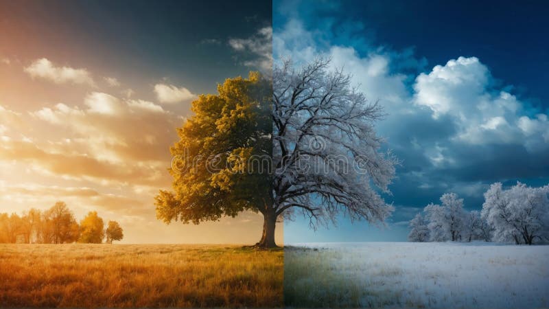 Split Image Tree with Contrasting Seasons Against Dramatic Sky ...