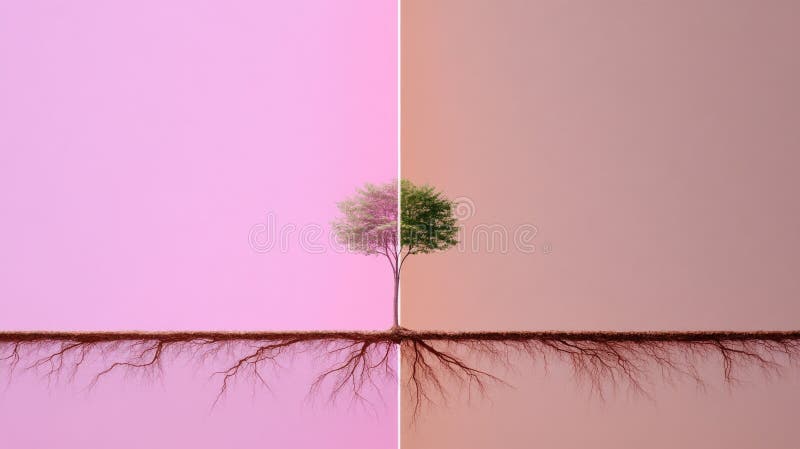 Split Image of Tree with Roots Against Contrasting Pink and Beige ...