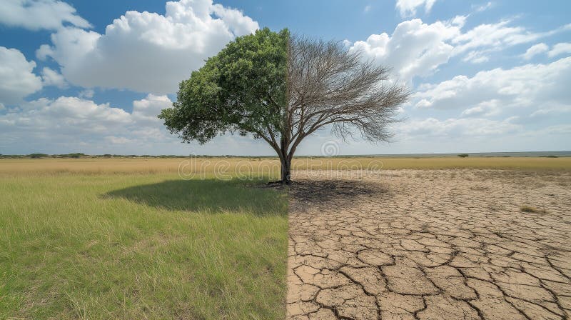 Split Landscape with Tree Dividing Green Field and Desert – Climate ...