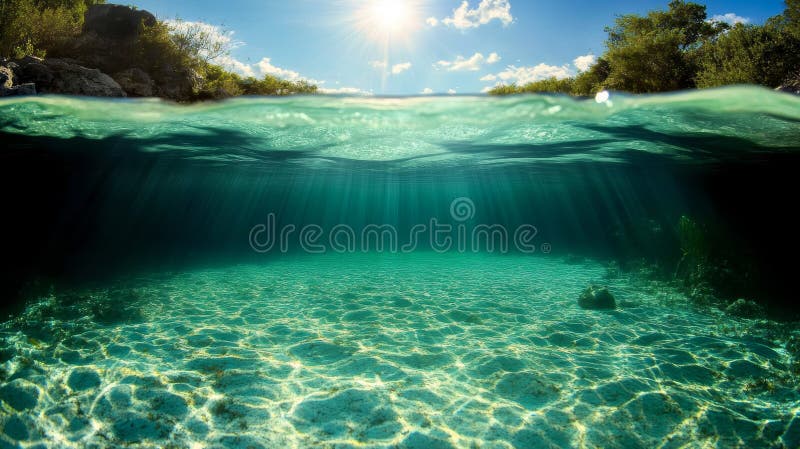 A Split-level View of a Serene Underwater Scene with Clear, Turquoise ...