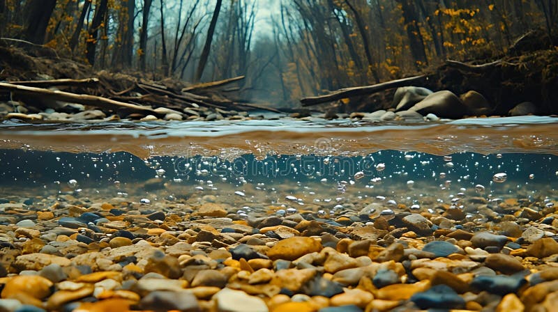 A Split-level View of a Shallow Stream with a Rocky Bottom and a Misty ...