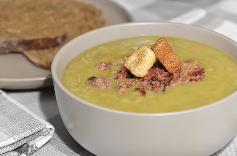 Split pea soup with bacon stock photo. Image of composition - 383125290