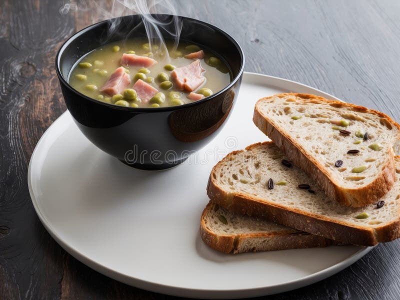 Split Pea Soup with Ham Served in a Black Bowl Alongside Rye Bread on a ...
