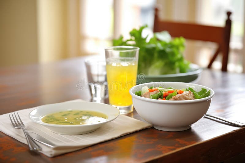 Split Pea Soup Meal with Salad and Water Glass, Lunch Setting Stock ...