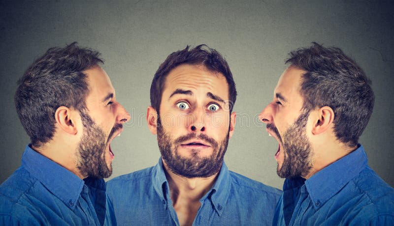 Split Personality. Two Angry Men Screaming at Scared Himself Stock ...