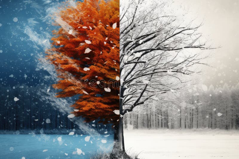 Split Photo of Tree in Snow, Winter Landscape with Divided Tree Trunk ...