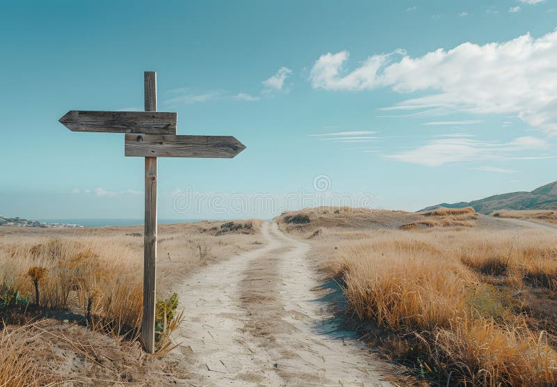 Wooden Signpost on Split Road with Two Directions Stock Illustration ...