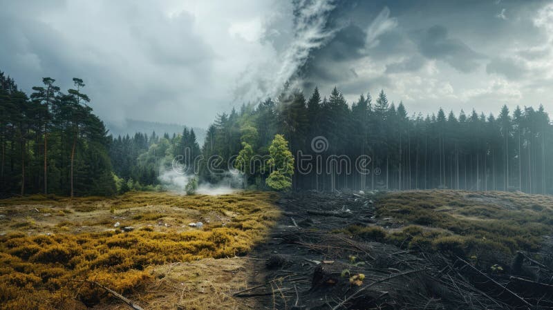 A Split Scene Showing a Healthy Forest and a Deforested Stock ...