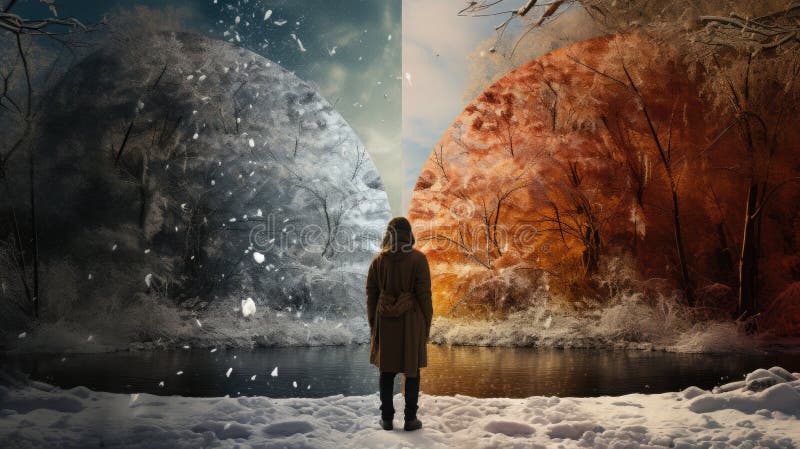 A Split Scene Showing Winter on the Left and Spring on the Right, with ...