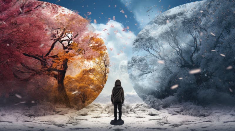 A Split Scene Showing Winter on the Left and Spring on the Right, with ...