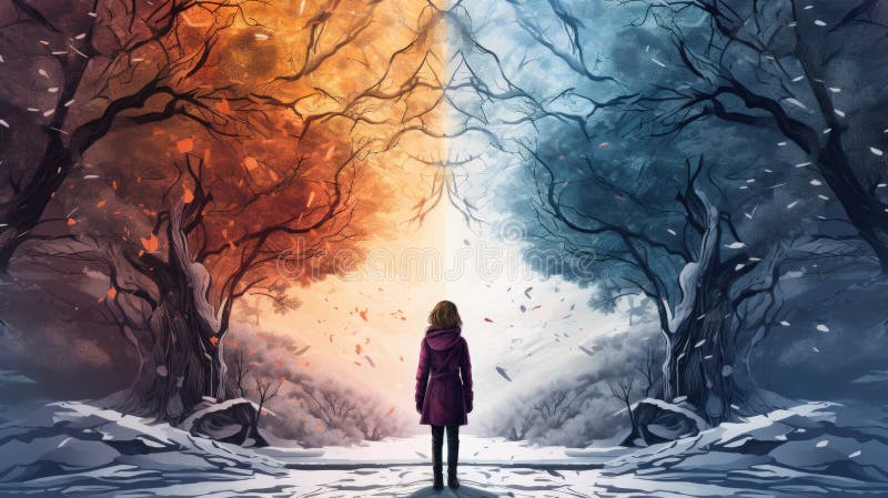 A Split Scene Showing Winter on the Left and Spring on the Right, with ...