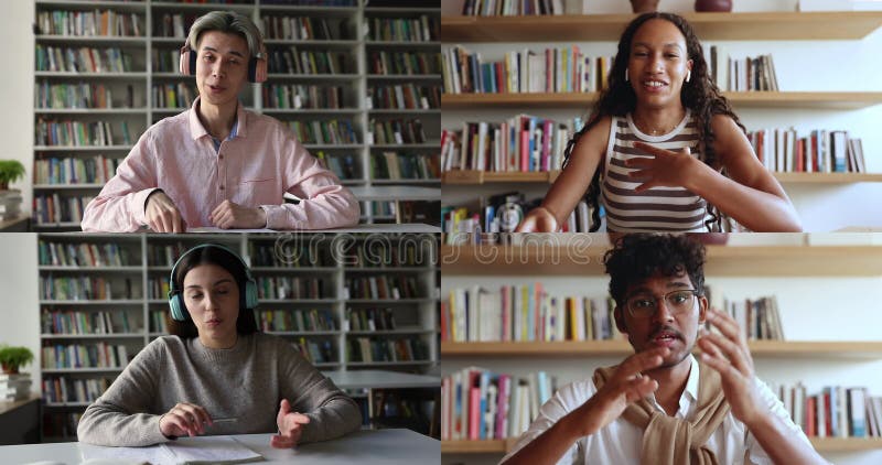 Split-screen Collage Four Multiethnic Students Engaged in Online Class ...