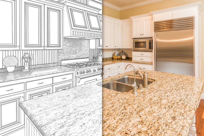Split Screen of Drawing and Photo of New Kitchen Stock Illustration ...