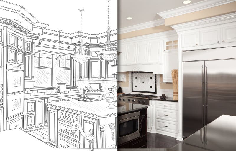 Split Screen of Drawing and Photo of New Kitchen Stock Illustration ...