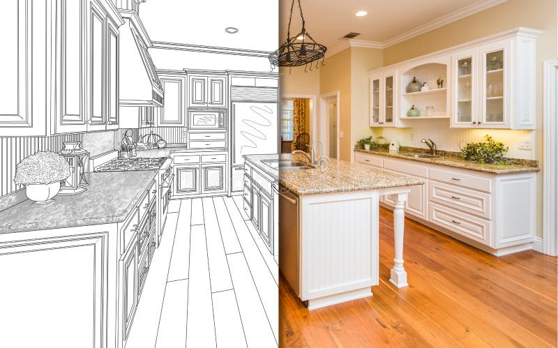 Split Screen of Drawing and Photo of New Kitchen Stock Illustration ...
