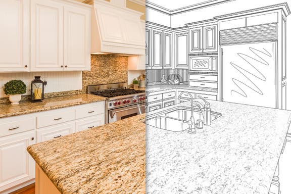 Split Screen of Drawing and Photo of New Kitchen Stock Illustration ...