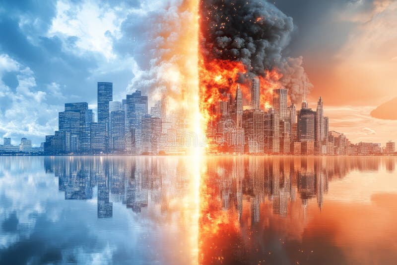 A Split-screen Image of a City: One Half Peaceful and the Other ...