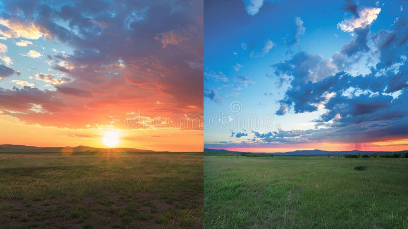 A Split-screen Image of a Colorful Sunset and Sun Rise Over a Grassy ...