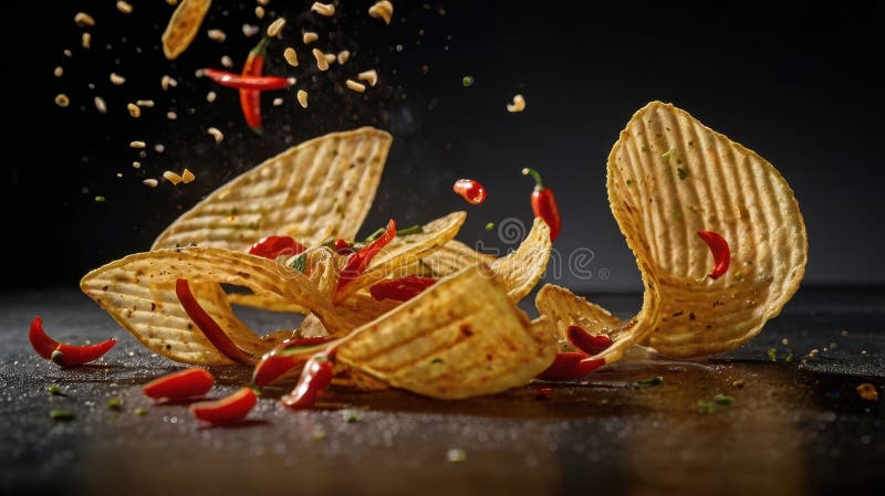 Split-screen of Seasoned Potato Chips with Red Pepper Garnish Stock ...