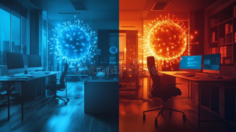 Split Screen Showing Two Scenarios in Modern Office Environment Stock ...