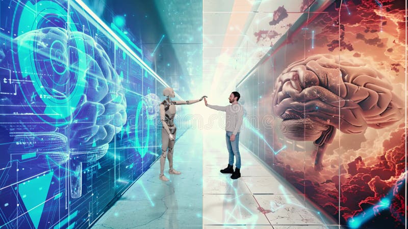 Split-screen Video of a Corridor with Android Robot and Digital Brain ...