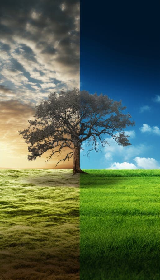 A Split Screen Visual of Climate Change a Half Dry Tree Vslush Green ...