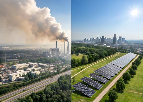 Split-screen Visual Contrast: on the Left, a City Choked with Smog and ...