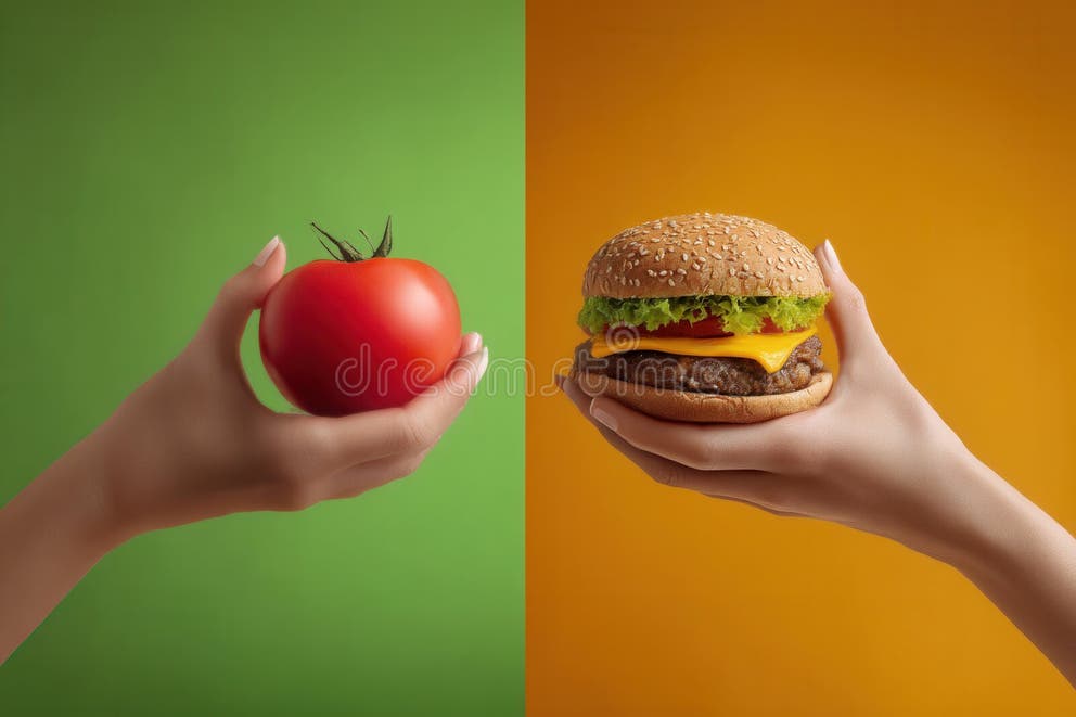 Split-screen Visual of a Fresh Tomato in One Hand and a Cheeseburger in ...