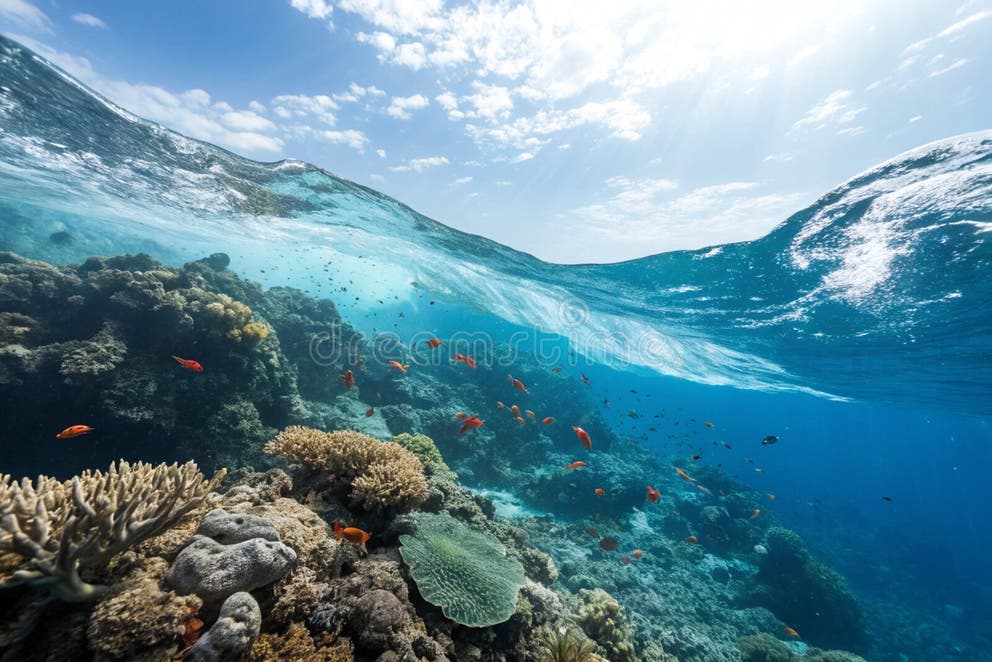 Split Shot of Coral Reef and Sea Surface with Waves Stock Illustration ...