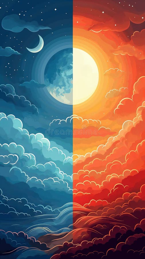 Split Sky with Moon, Stars, Blue Night Clouds on One Side, and Red ...