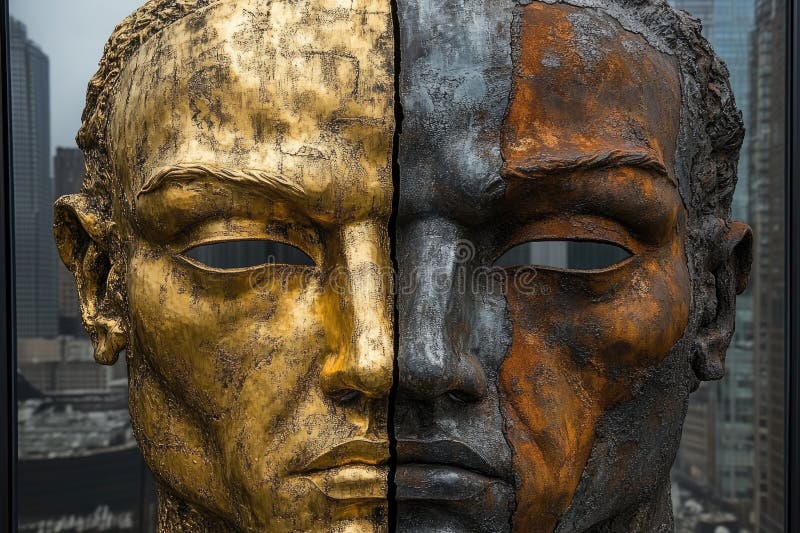 Double-Faced Bronze Sculpture: Golden and Rusted Textures Stock ...