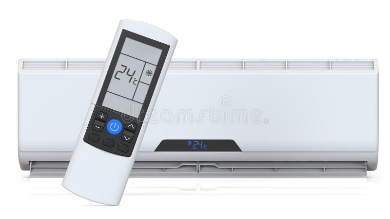 Split System Air Conditioner and Remote Controller. 3D Render, Isolated ...